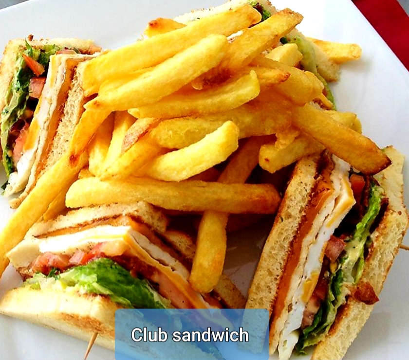 CLUB SANDWICH - With eggs, tomato, chicken, bacon, cheese, lettuce and ...